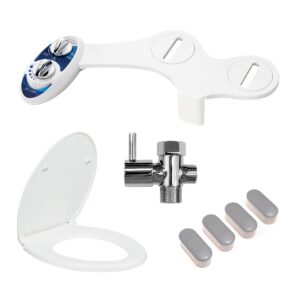 luxe bidet neo 120 blue ultimate upgrade bundle - self-cleaning non-electric bidet attachment, comfort fit elongated toilet seat, shutoff valve t-adapter, and toilet seat bumpers