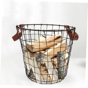 ANDRESLAD Firewood Storage Basket Laundry Basket Metal Hamper Farmhouse Organizer Bin Small Round Basket Black Blanket Basket Wire Basket for Blankets Wood Storage Racks Wire Trash Can Iron