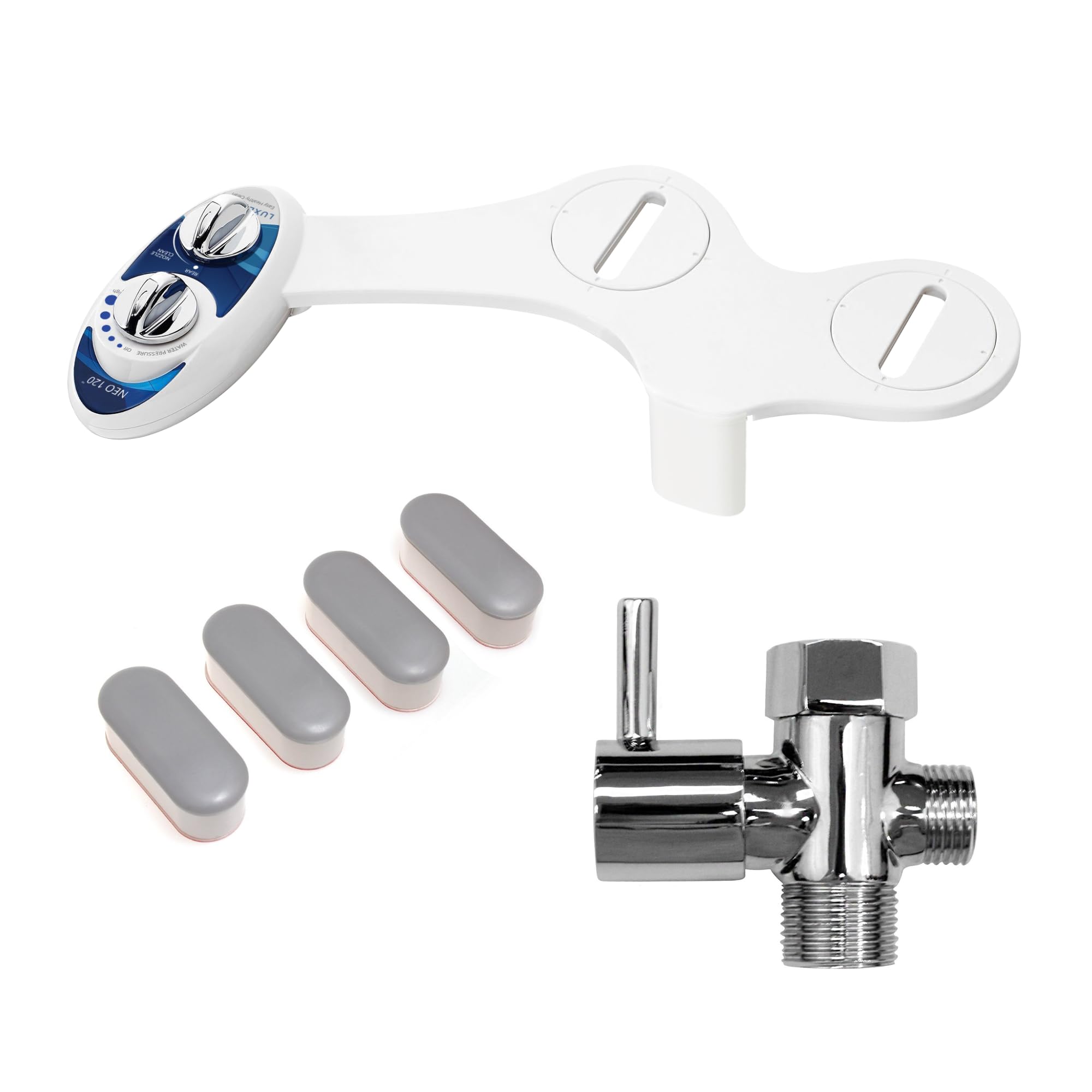 LUXE Bidet NEO 120 Blue, Toilet Seat Bumpers, and Shut-Off Valve T-Adapter Bundle