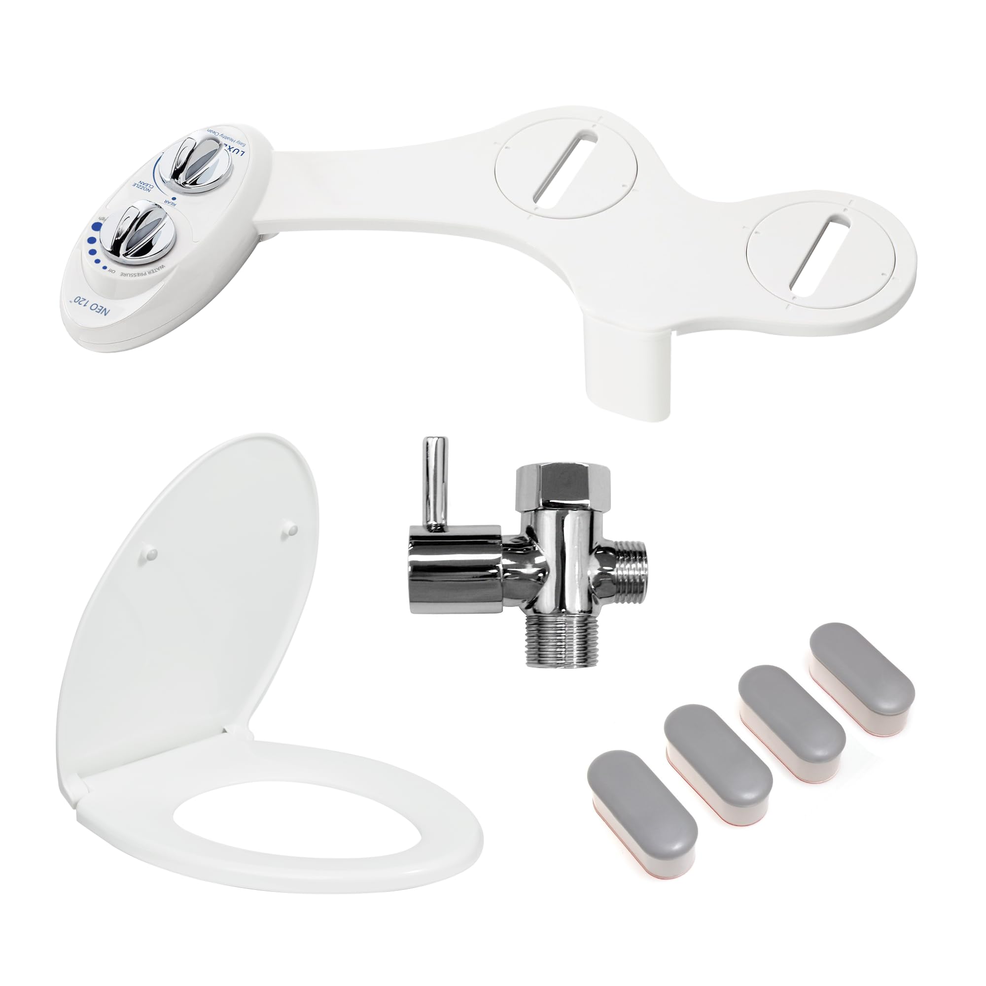 LUXE Bidet NEO 120 White Ultimate Upgrade Bundle - Self-Cleaning Non-Electric Bidet Attachment, Comfort Fit Elongated Toilet Seat, Shutoff Valve T-Adapter, and Toilet Seat Bumpers