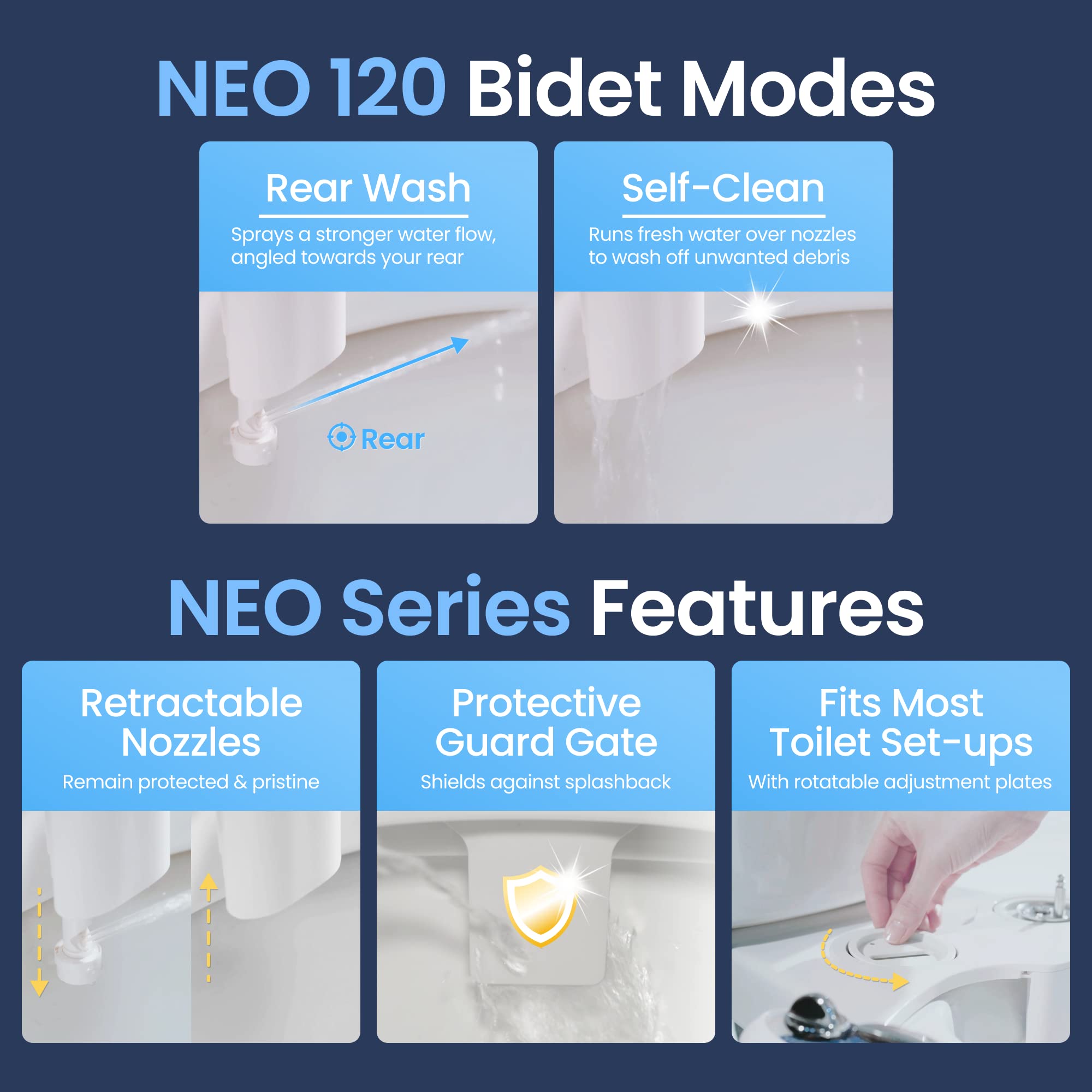 LUXE Bidet NEO 120 Blue Ultimate Upgrade Bundle - Self-Cleaning Non-Electric Bidet Attachment, Comfort Fit Elongated Toilet Seat, Shutoff Valve T-Adapter, and Toilet Seat Bumpers