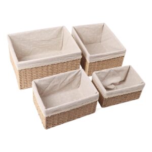 Set of 4 Straw Woven Various Sizes Stackable Bathroom Baskets Organize Home, Bedroom, office