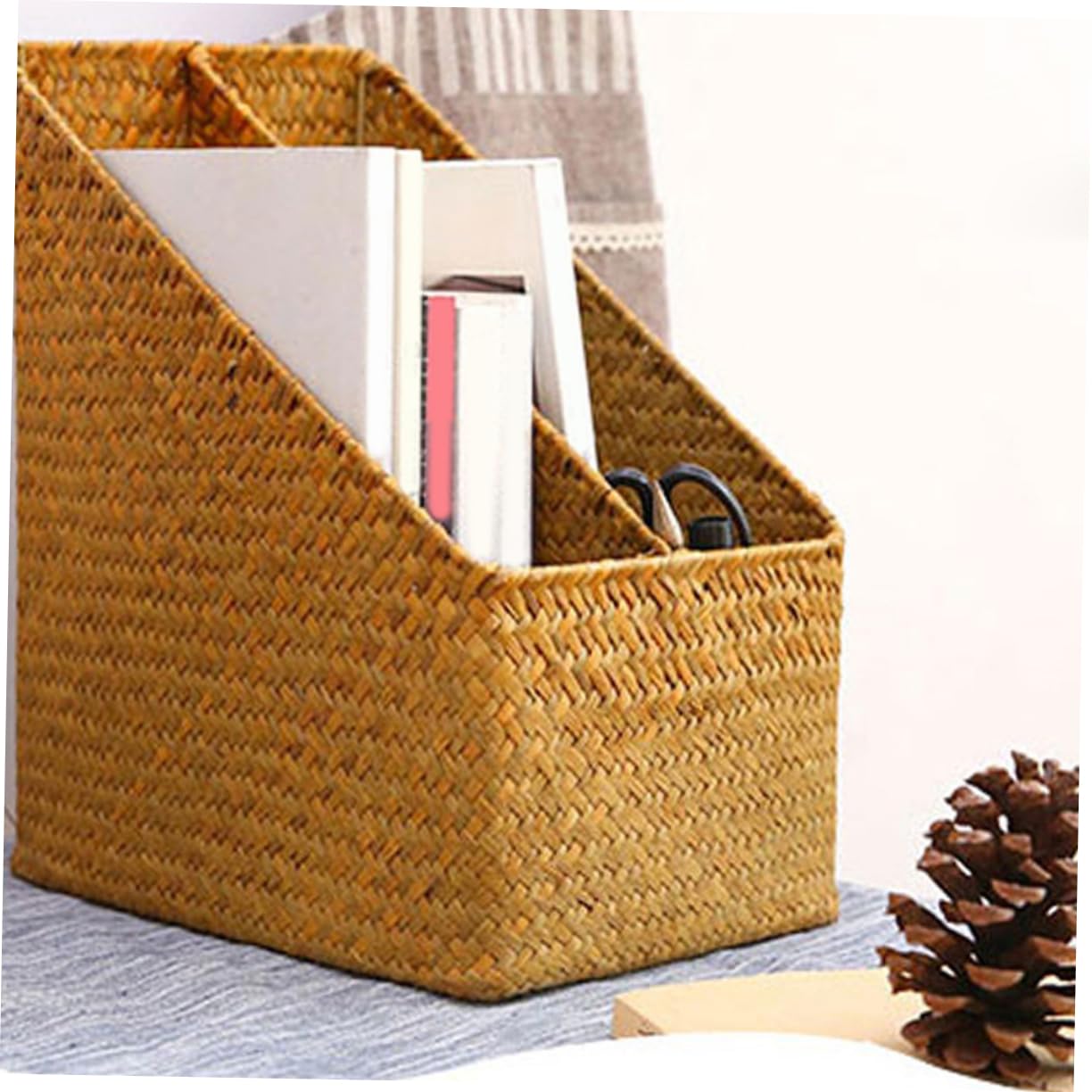 Mikinona File Storage Basket Baskets Magazine Storage Basket Bin Seagrass Magazine Holder Newspaper Basket Wicker Sundries Basket Wicker Magazine File Holder Boho Living Straw Light Brown