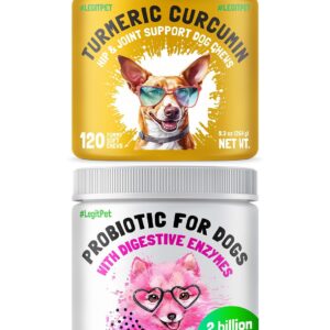 Turmeric Curcumin Hip & Joint Dogs Supplement Anti-Inflammatory Support 120 Chews and Probiotics for Dogs Natural Digestive Enzymes Prebiotics for Allergy 120 Chews