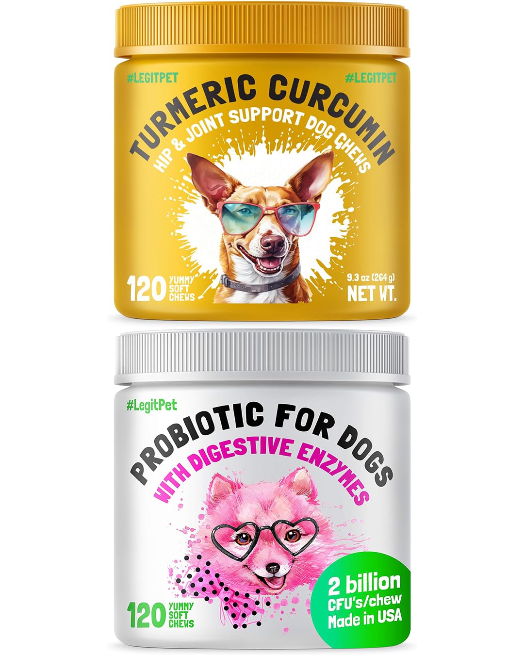 Turmeric Curcumin Hip & Joint Dogs Supplement Anti-Inflammatory Support 120 Chews and Probiotics for Dogs Natural Digestive Enzymes Prebiotics for Allergy 120 Chews