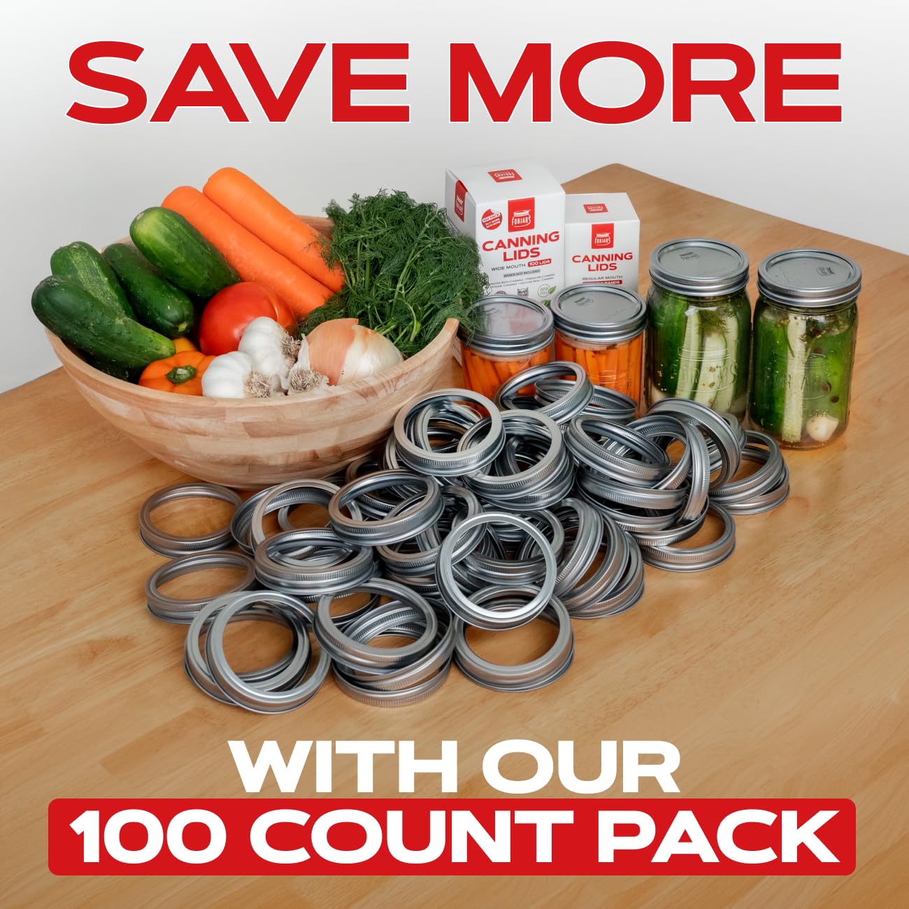 FORJARS - 100 Wide Mouth. Canning Rings are made of stainless steel. 0.5 Inch Height, 100-Piece Set. Wide mouth mason jar lids are secure with an airtight fit.