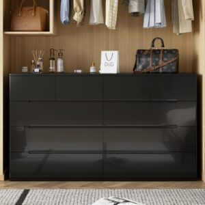 ZORPLIX Black Dresser for Bedroom, 10 Drawer Dresser, High Gloss Modern Dresser, 55" Long Dresser TV Stand, Large Double Dresser Chest of Drawers for Bedroom