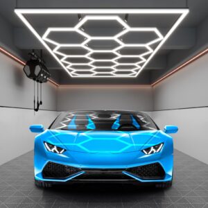 hexagon garage light: higher brightness 720w 93600 lumens hexagon led garage light with rectangle frame 6500k, 15 hex grid for garage, shop, basement, car detailing shop etc. with mounting clip