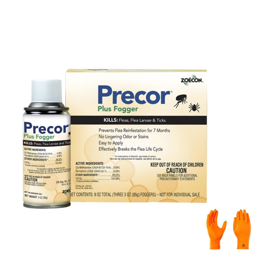 Precor Plus 3 can Fogger - Large Area Flea Treatment | Premium USA Supply Gloves for Safe Eradication | USA Supply Pest ID Card