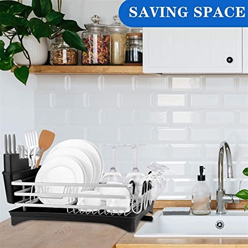 JUNXIAN Dish Rack Cutlery Drying Rack, Compact Cutlery Rack and Drain Plate Set, Cutlery Drain Rack with Adjustable Rotating Spout Dish Containers(C)