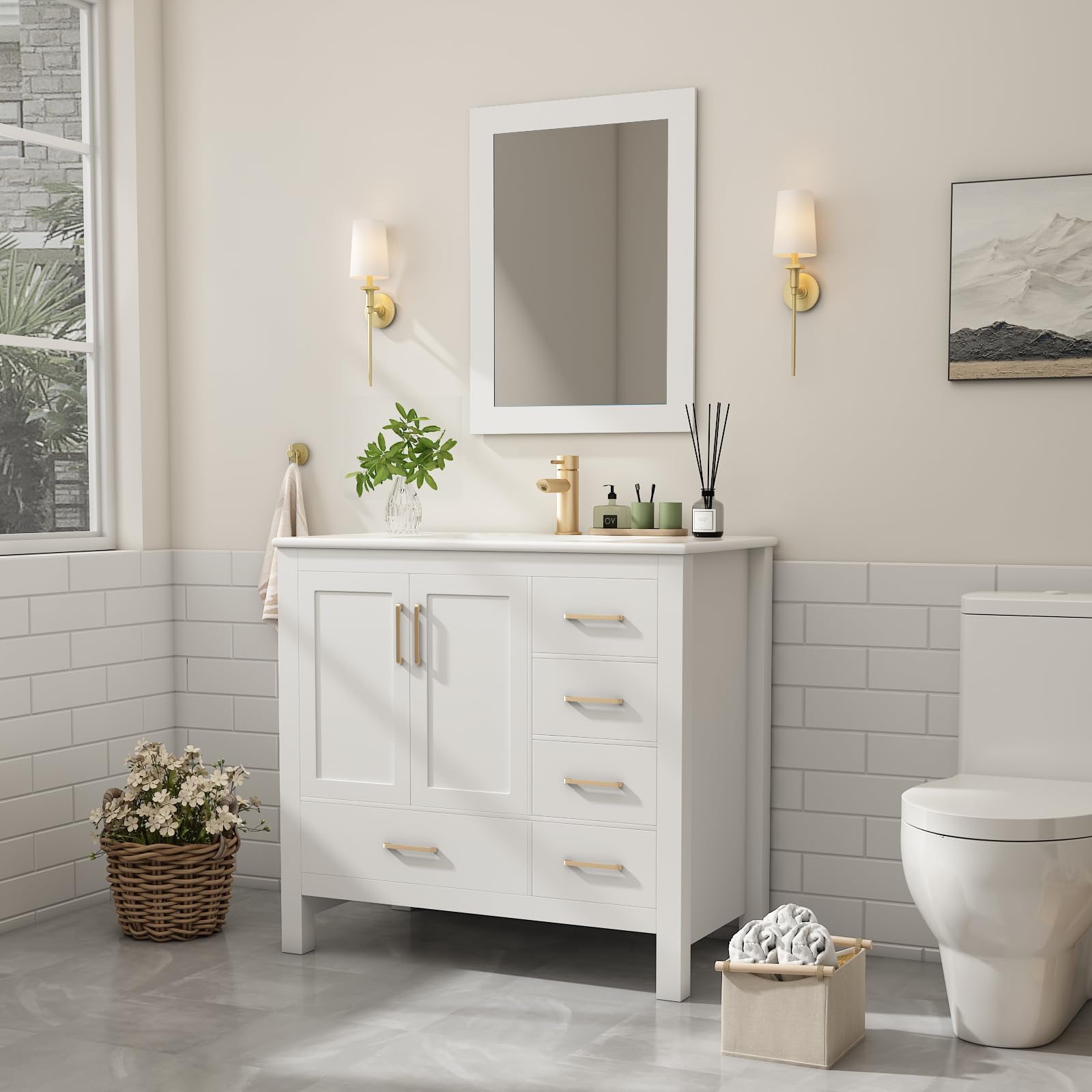 DEYGIA 36" Bathroom Vanity with Sink with Faucet, Single Sink Bathroom Vanity with 5 Drawers, Mirror, Pedestal,Ceramic Countertop, Ceramic Sink, Soft-Close Doors (White)