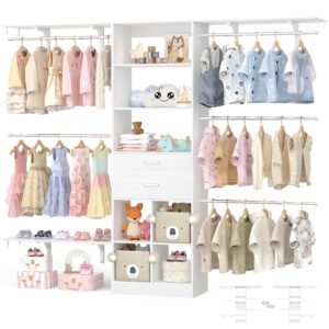 besiost closet system - 4.75-8ft closet organizer system with wooden drawers & cube storage organizer, up to 96" closet systems for nursery & walk-in closets with cuttable hanging shelving, white