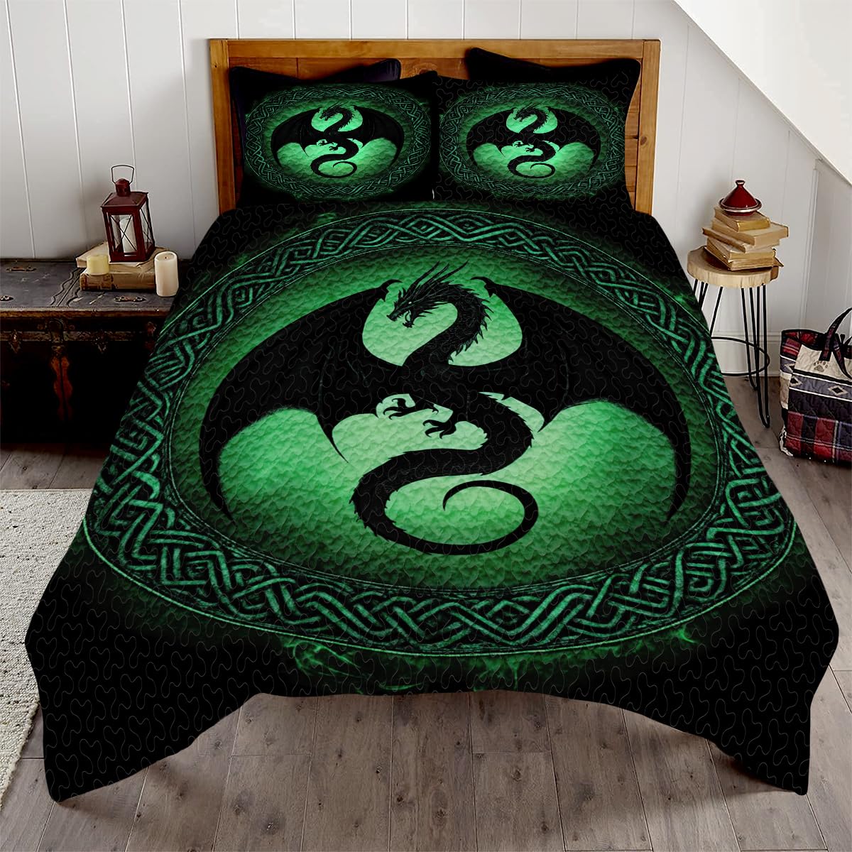 Personalized Dragon Quilt Set Dragon Scale Blue Bedding Set Twin Size Dragon Bedding Dragon Throw 3D Bedding Set Dragon Comforter for Boys Children Teens (Green Black Dragon)