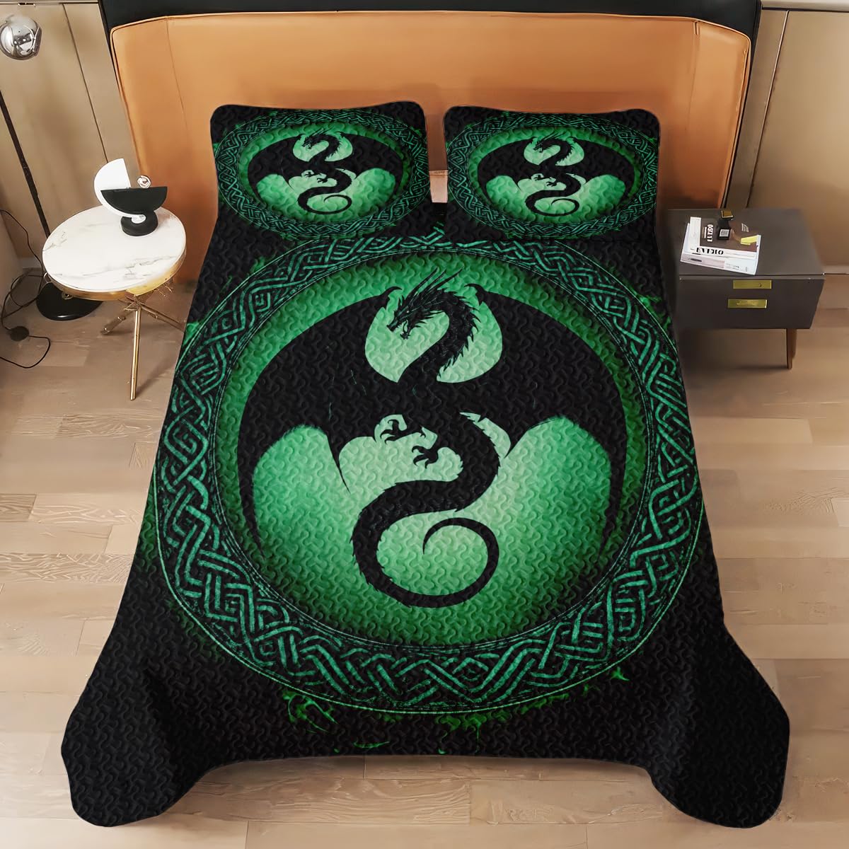 Personalized Dragon Quilt Set Dragon Scale Blue Bedding Set Twin Size Dragon Bedding Dragon Throw 3D Bedding Set Dragon Comforter for Boys Children Teens (Green Black Dragon)