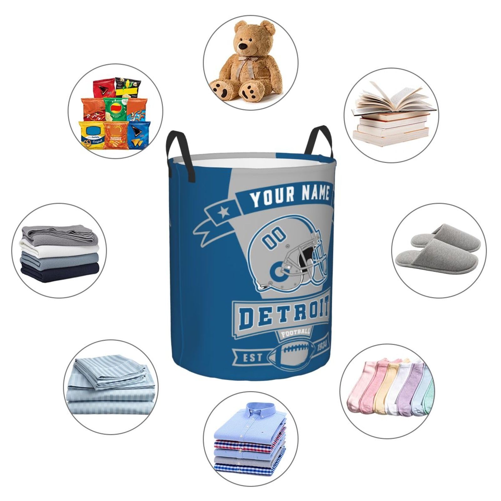 Custom Detroit Laundry Hamper Personalized Name Number Dirty Clothes Hamper Storage Basket Waterproof Large Capacity Hamper for Bathroom Bedroom