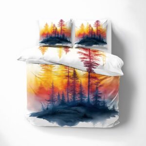 Quzepzarl Pine Tree Duvet Cover Set Queen Size, Autumn Woodland Bedding Set 3 Pieces with Zipper Closure, Watercolor Comforter Cover Soft Microfiber 1 Duvet Cover 90" x 90" and 2 Pillow Shams