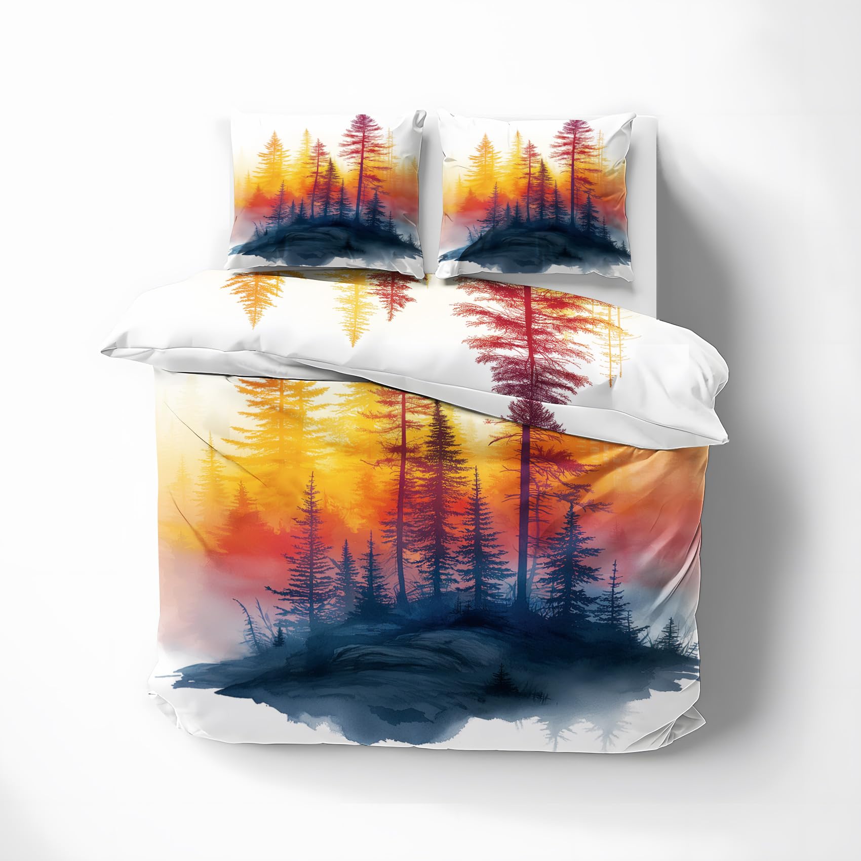 Quzepzarl Pine Tree Duvet Cover Set Queen Size, Autumn Woodland Bedding Set 3 Pieces with Zipper Closure, Watercolor Comforter Cover Soft Microfiber 1 Duvet Cover 90" x 90" and 2 Pillow Shams