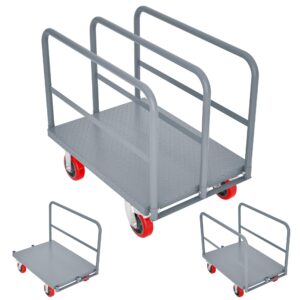 Steel Panel Truck, Heavy Duty Drywall Cart Lumber Cart Platform Truck Flat Cart, 2000lbs Hand Truck Push Cart Dolly with 6" Swivel Brake Casters and 3 Side Handrails(36" x 24")