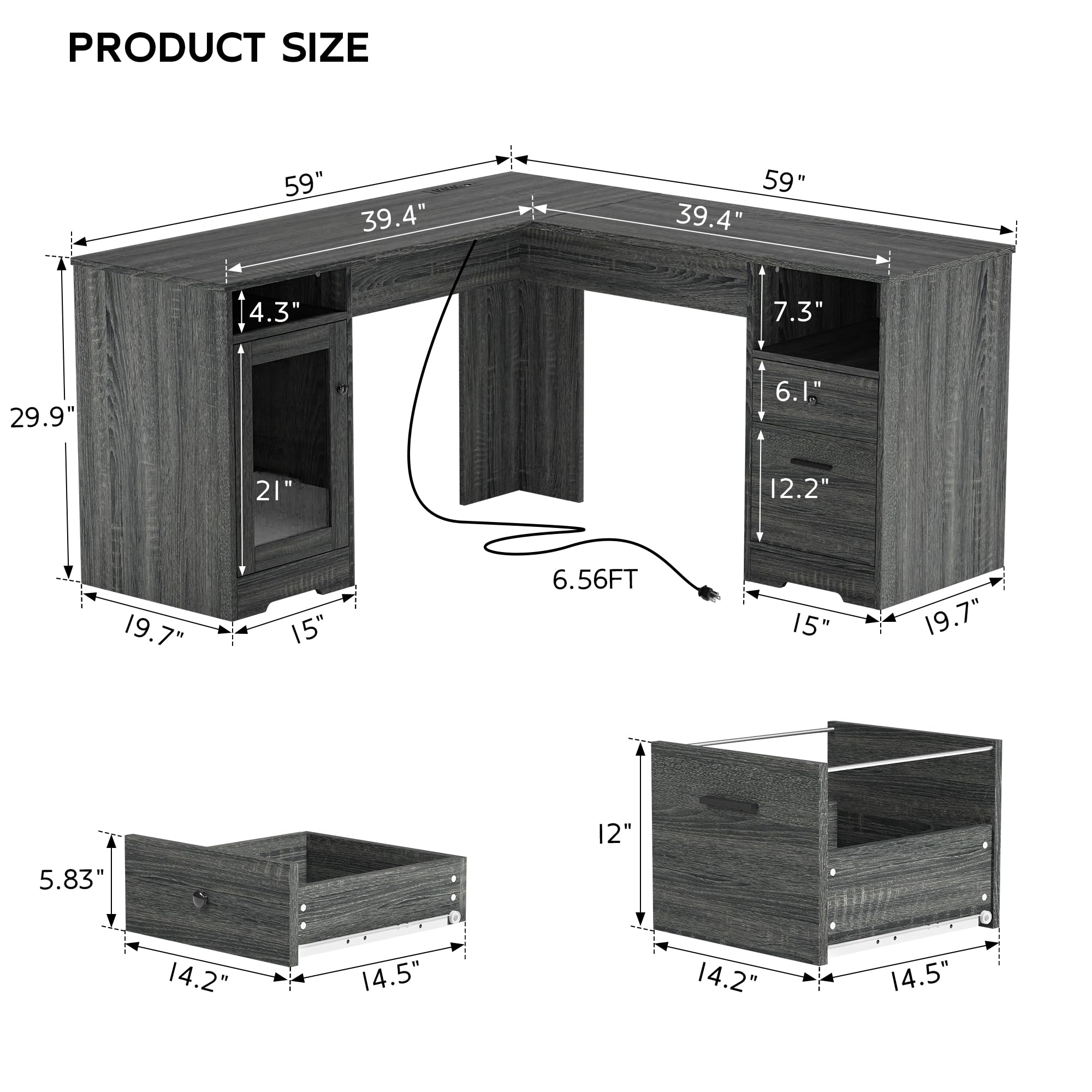 MU L Shaped Desk with File Cabinet, Corner Computer Desk with Storage Drawers, Large Home Office Table with Power Outlets, Executive Office Desk, Grey, 60 Inch