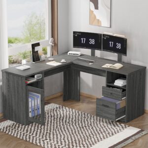 MU L Shaped Desk with File Cabinet, Corner Computer Desk with Storage Drawers, Large Home Office Table with Power Outlets, Executive Office Desk, Grey, 60 Inch