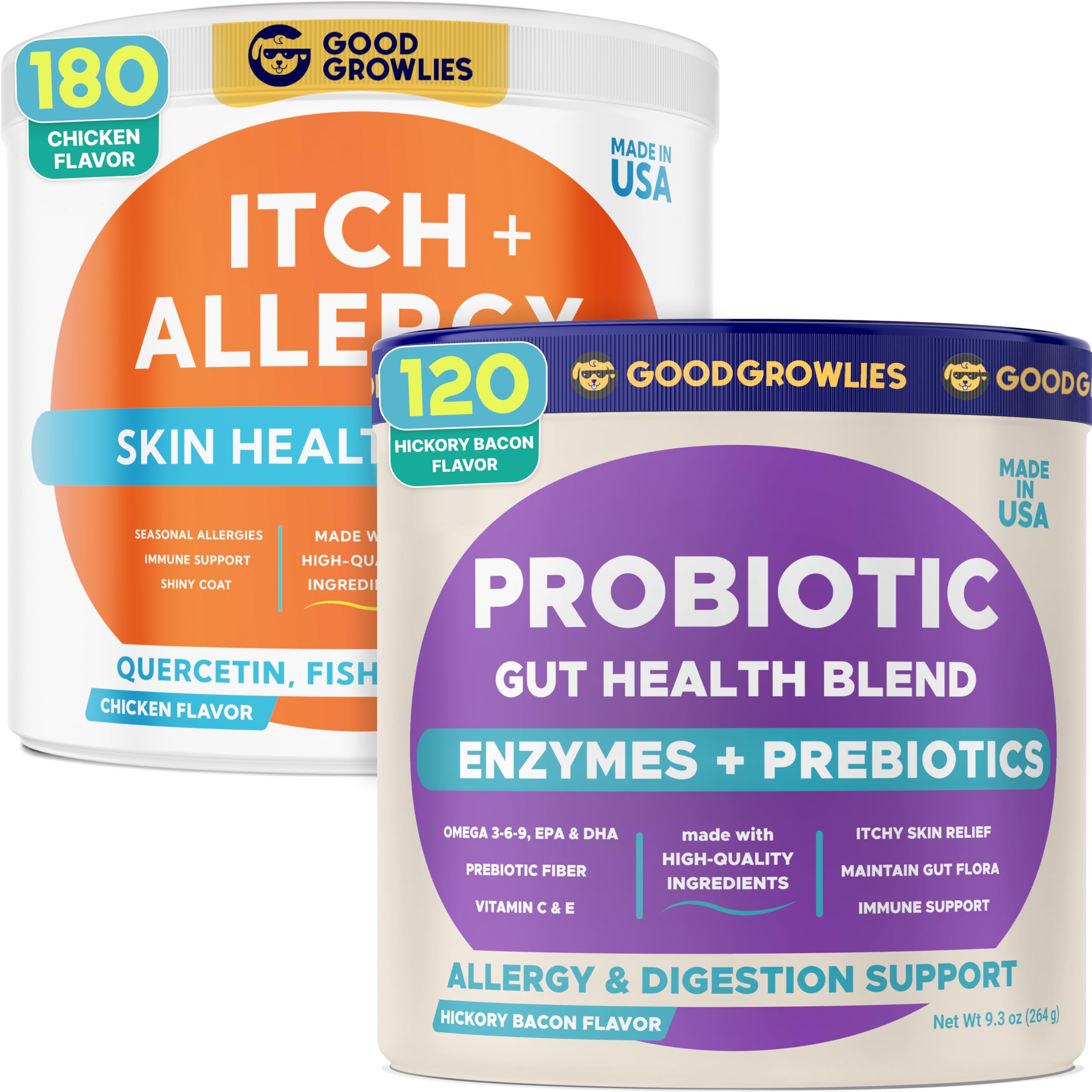 Dog Allergy + Probiotic Bundle - Anti-Itch Skin & Coat Supplement + Gut Health & Digestive Support - Omega 3 Fish Oil & Probiotics - Itching&Paw Licking + Upset Stomach Relief - 300 Chews -Made in USA