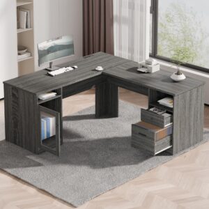 MU L Shaped Desk with File Cabinet, Corner Computer Desk with Storage Drawers, Large Home Office Table with Power Outlets, Executive Office Desk, Grey, 60 Inch