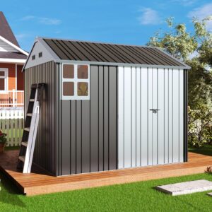 jocisland 8.5x7.1x7.5 ft galvanized steel outdoor storage shed, lockable double hinged doors and 4 vents, metal shed for backyard storage, dark black/white