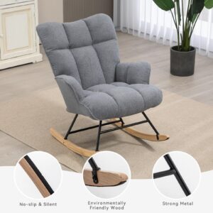 Rocking Chair Nursery Teddy, Upholstered Baby Fluffy Glider Rocker for Adults Indoor, Comfy Sherpa Compact Nursing Chairs for Small Spaces, Living Room, Classroom, Bedroom, Darkgrey