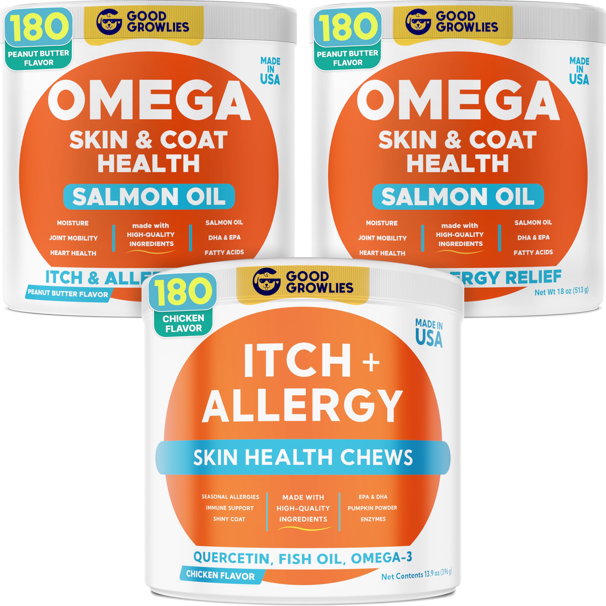 Omega 3 + Dog Allergy Bundle - Skin & Coat Chews + Anti-Itch Relief Supplement - Omega 3 Fish Oil, EPA&DHA Fatty Acids - Itchy Skin & Paw Licking Relief + Allergy Support - 540 Chews - Made in USA