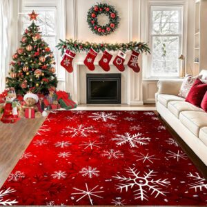 zlxmn red christmas area rug,5x6ft,christmas room decor red with white snowflakes rug, xmas winter home decor rubber backed rugs for entryway indoor living room bedroom easy clean carpet