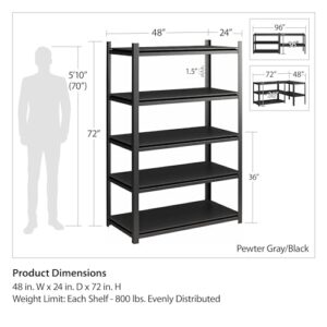 IKGH 5-Shelf Toolless Steel Garage Storage Shelving, 72" H x 48" W x 24" D, 4,000lb Capacity, Pewter Gray with Black Shelves