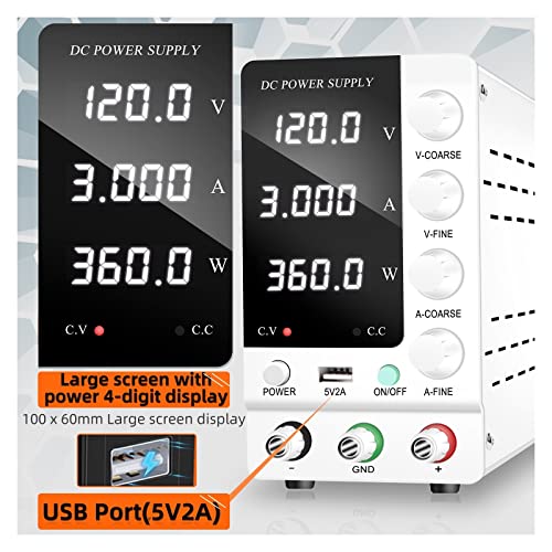 DC Power Supply, 120V 3A USB DC Switching Power Supply Lab Adjustable Voltage Regulator 30V 10A Stabilizer Switch Bench Power Source,Electroplating DIY(GU-SPS-C1203-White)