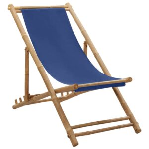 yelwhi deck chair bamboo and canvas navy blue,bamboo and canvas deck chair adjustable, comfortable, and foldable for patio or beach patio furniture, outdoor chairs