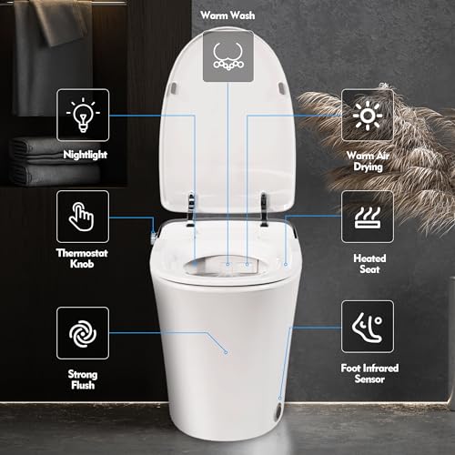 Wekuku Luxury Smart Toilet With Dryer And Warm Water, Elongated Bidet Toilet With Heated Seat, With Remote Control, Led Night Light, Power Outage Flushing, Soft Close Cover, Whit (White) (1 Seat)