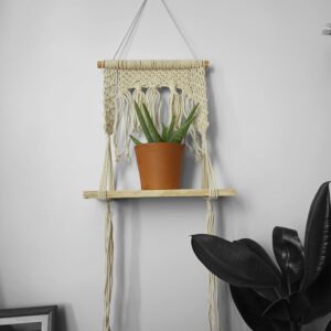 Kamal Brands -Handmade Macrame Wall Hanging Shelf with Tassels and Wooden Plank