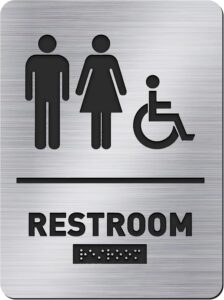 all gender restroom sign with braille - handicap bathroom sign - raised letters & braille -ada-compliant exit signs for businesses - adhesive mounting strips - 8x6 inch