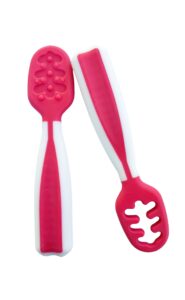 baby spoons, feeding littles, silicone pre-spoon for kids aged 6+ months - first and second stage spoons, baby led weaning, teething spoons, infant feeding - toddler utensils - 2 spoons, (pink/white)