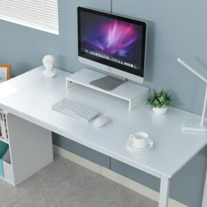 MaverickFurni White Desk with Drawers, 55 Inch White L Shaped Desk with 3 Drawers, Computer Desk with Monitor Stand, White Home Office Sturdy Desk with Storage for Bedroom