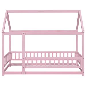 Twin Size House Bed Frame for Kids,Wooden Montessori Floor Bed with Fence and Roof,Floor Bed Frame Twin Size, Twin Bed Frame for Girls,Boys(Twin,Pink)