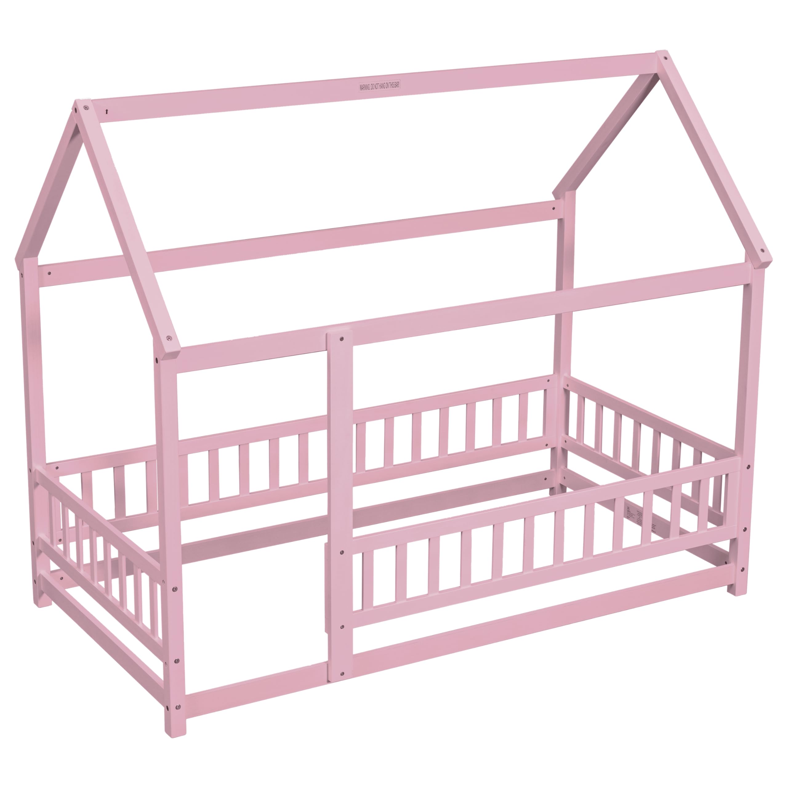 Twin Size House Bed Frame for Kids,Wooden Montessori Floor Bed with Fence and Roof,Floor Bed Frame Twin Size, Twin Bed Frame for Girls,Boys(Twin,Pink)