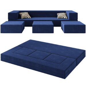 vivaadecor queen folding bed couch, convertible velvet futon sofa bed with removable velvet cover, 3 ottomans, floor foam sofa sleeper mattress for guest room, office, play room, living room,deep blue