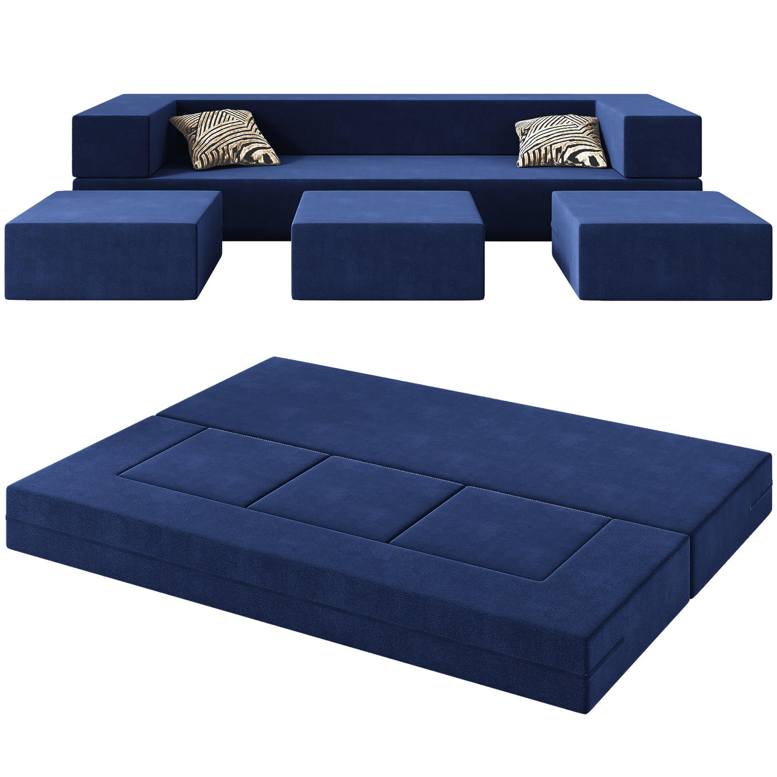 Vivaadecor Queen Folding Bed Couch, Convertible Velvet Futon Sofa Bed with Removable Velvet Cover, 3 Ottomans, Floor Foam Sofa Sleeper Mattress For Guest Room, Office, Play Room, Living Room,Deep Blue