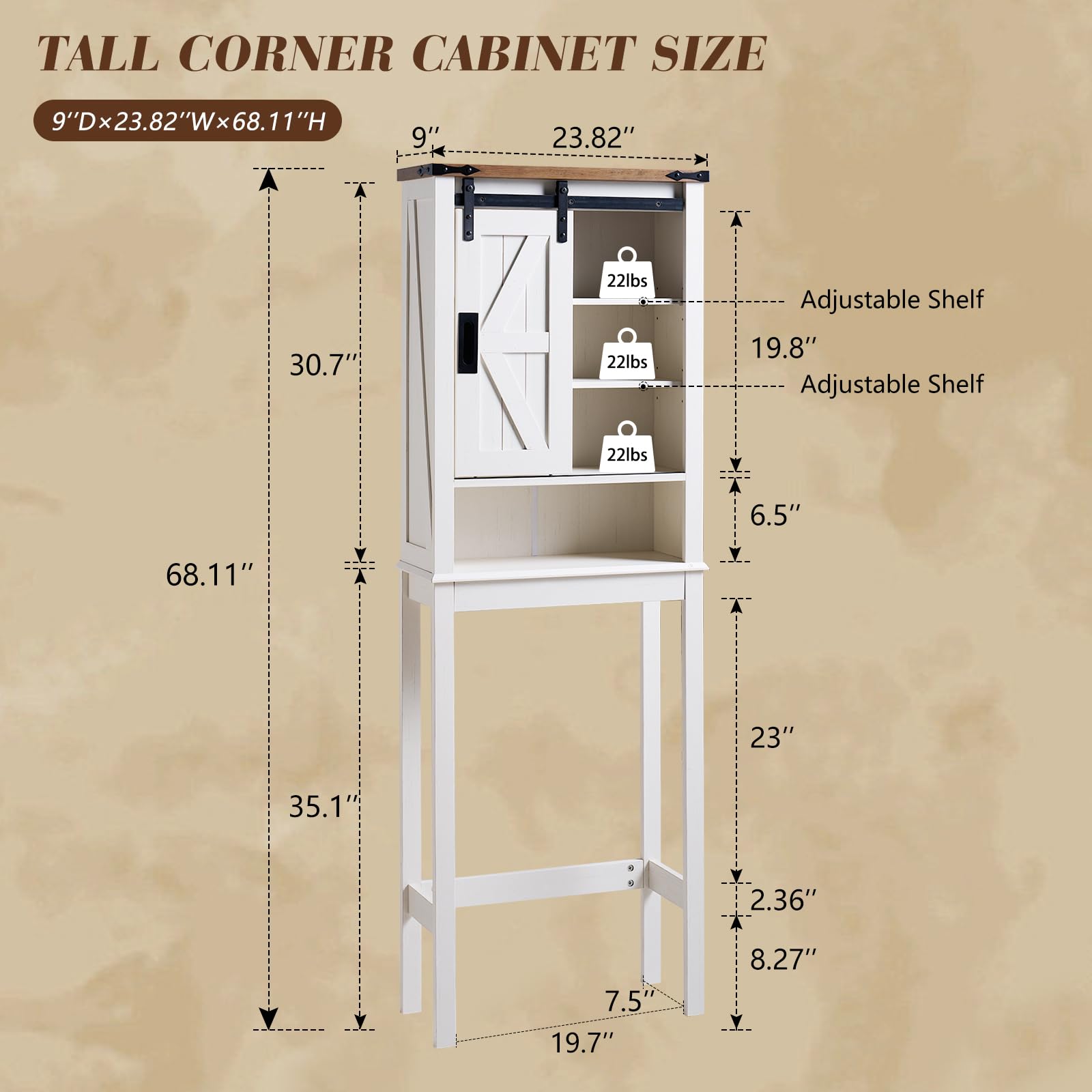 LUXOAK Farmhouse Over Toilet Cabinet, 68" Tall Toilet Organizer Stand with Sliding Barn Door & Adjustable Shelf, Above Toilet Storage for Bathroom, Laundry Room, Rustic Oak & White