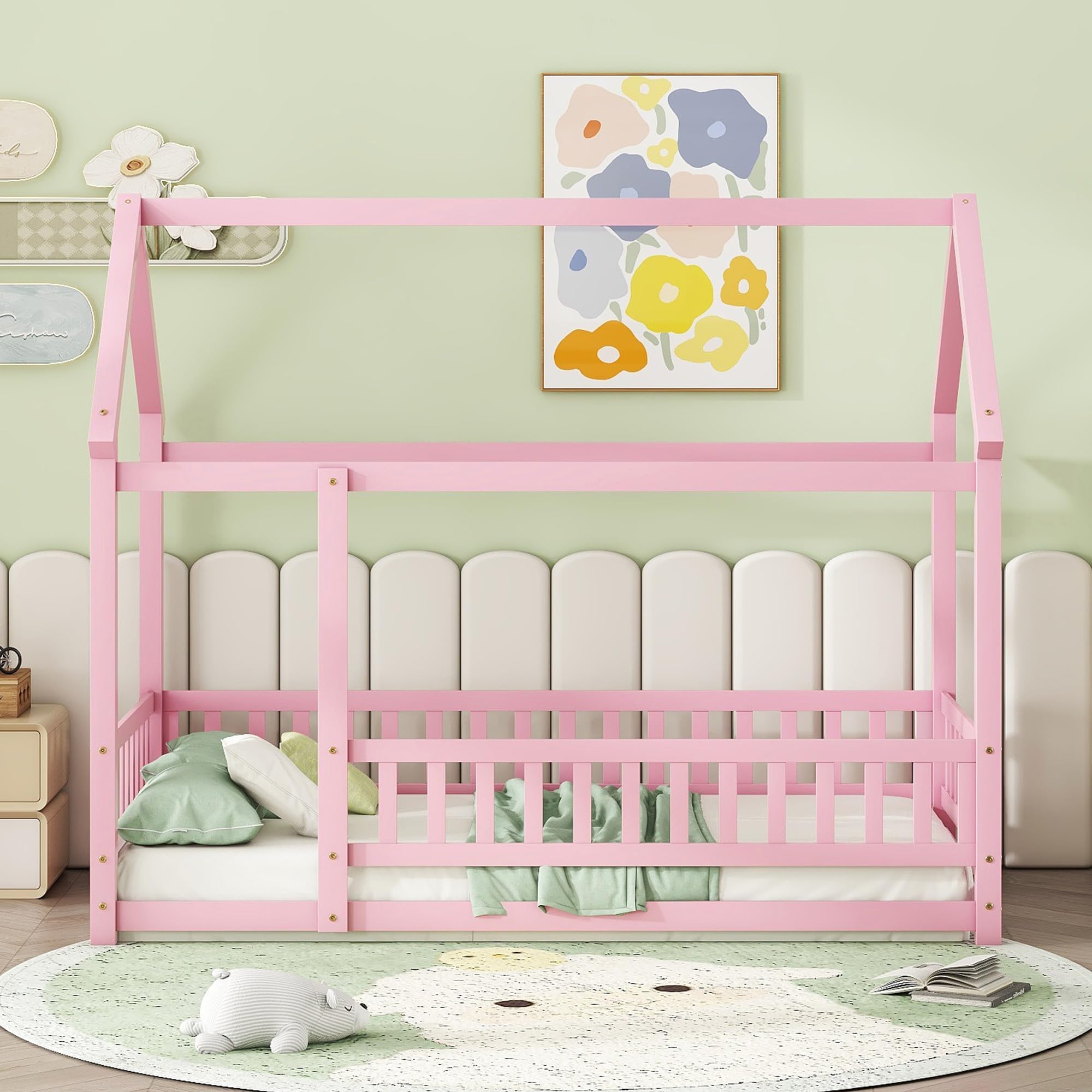 Twin Size House Bed Frame for Kids,Wooden Montessori Floor Bed with Fence and Roof,Floor Bed Frame Twin Size, Twin Bed Frame for Girls,Boys(Twin,Pink)