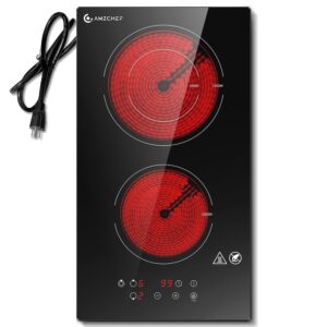 amzchef 2 burner electric cooktop 12 inch, domino electric stove top 120v plug ceramic cooktop with 1800w 9 power levels,sensor touch,child lock,residual heat indicator,built-in&countertop,upgraded