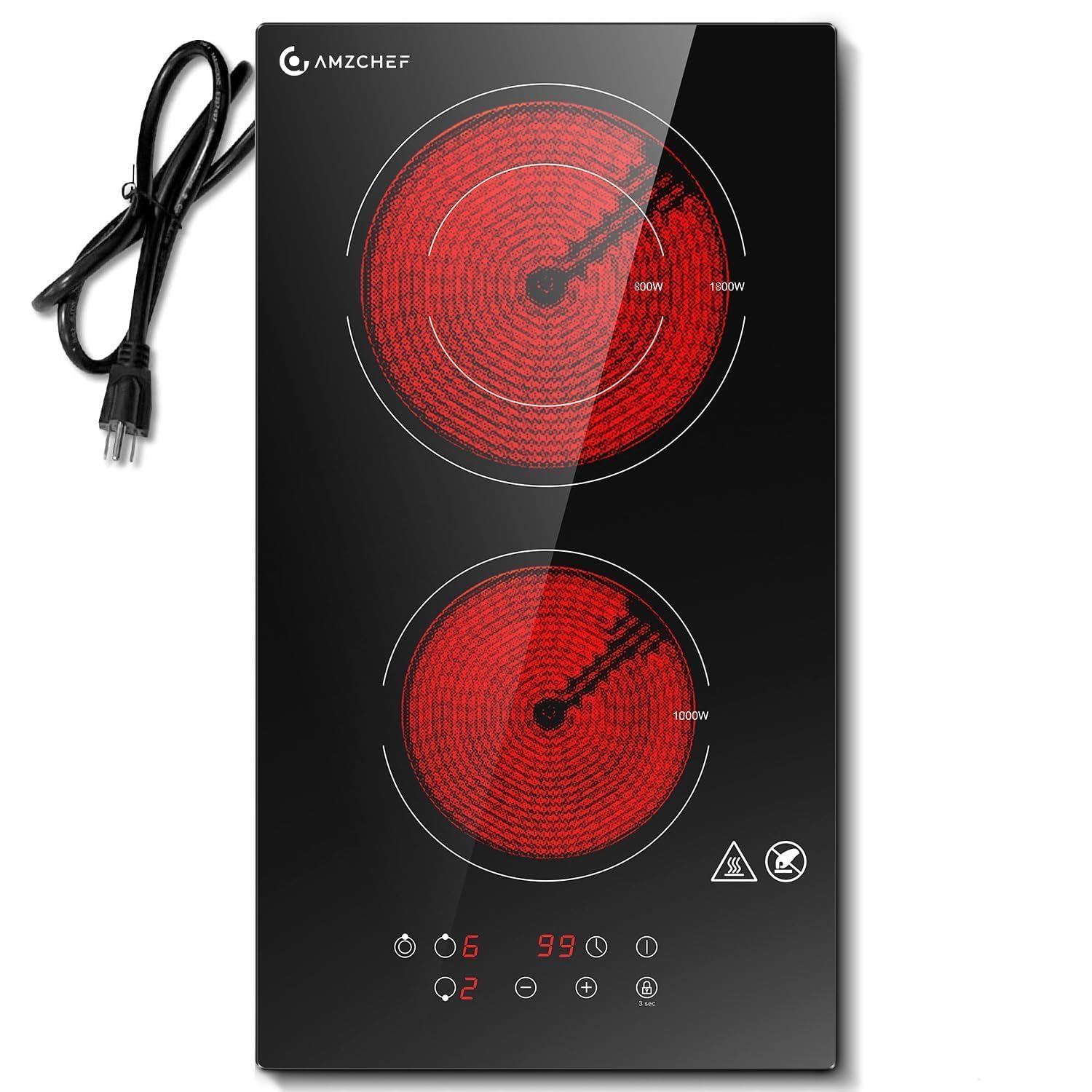 AMZCHEF 2 Burner Electric Cooktop 12 Inch, Domino Electric Stove Top 120v Plug Ceramic Cooktop with 1800W 9 Power Levels,Sensor Touch,Child Lock,Residual Heat Indicator,Built-in&Countertop,Upgraded