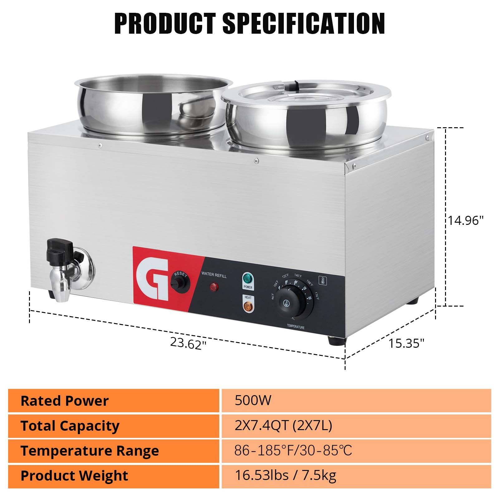 Asypets Commercial Soup Warmer - Stainless Steel Buffet Bain Marie, 86-185℉ Adjustable Temp, Anti-Dry Burn, Reset Button, 1200W Electric Food Warmer for Restaurant