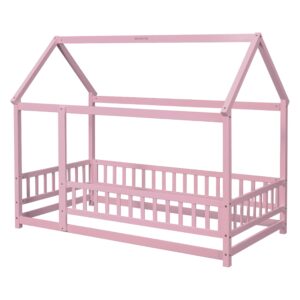 Twin Size House Bed Frame for Kids,Wooden Montessori Floor Bed with Fence and Roof,Floor Bed Frame Twin Size, Twin Bed Frame for Girls,Boys(Twin,Pink)