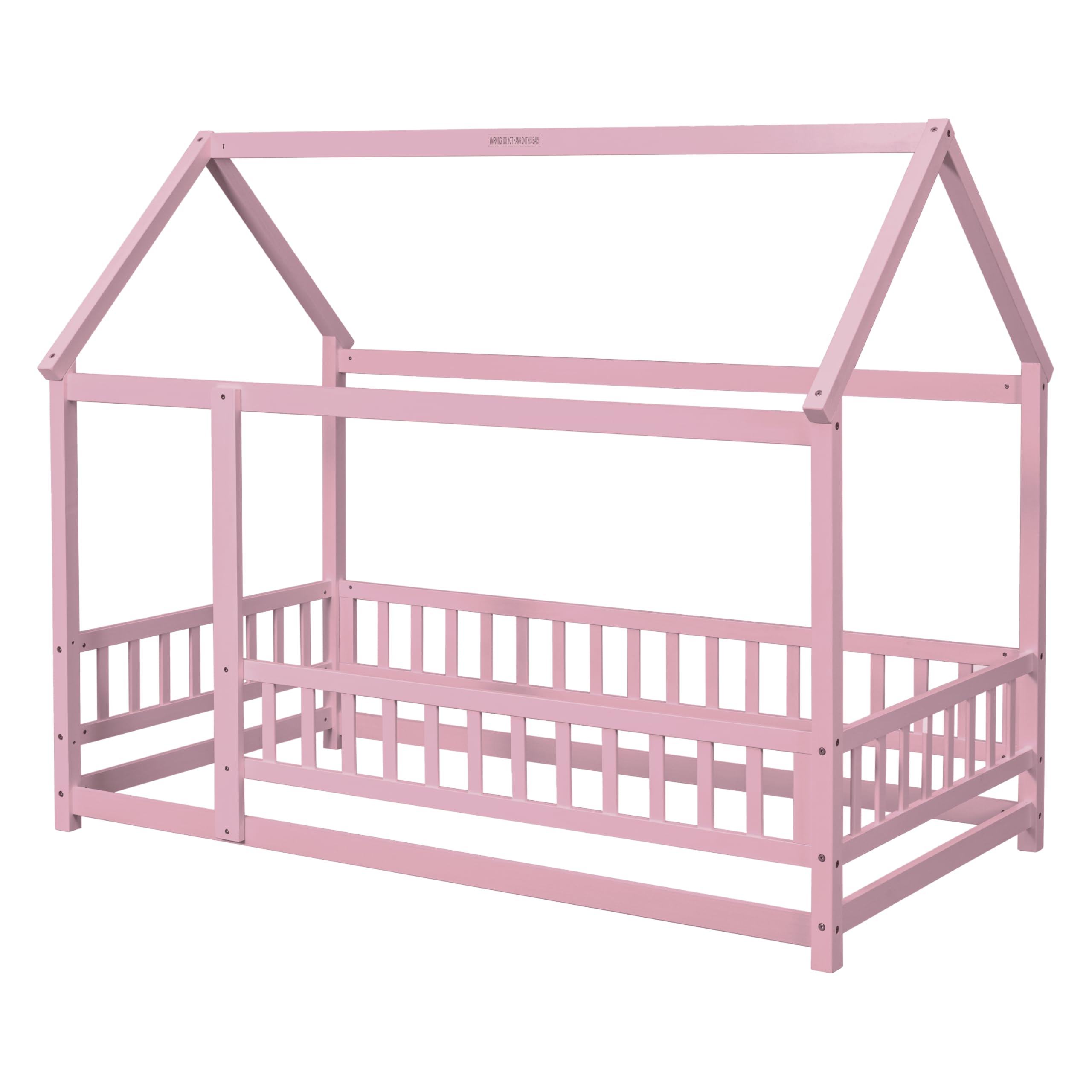 Twin Size House Bed Frame for Kids,Wooden Montessori Floor Bed with Fence and Roof,Floor Bed Frame Twin Size, Twin Bed Frame for Girls,Boys(Twin,Pink)