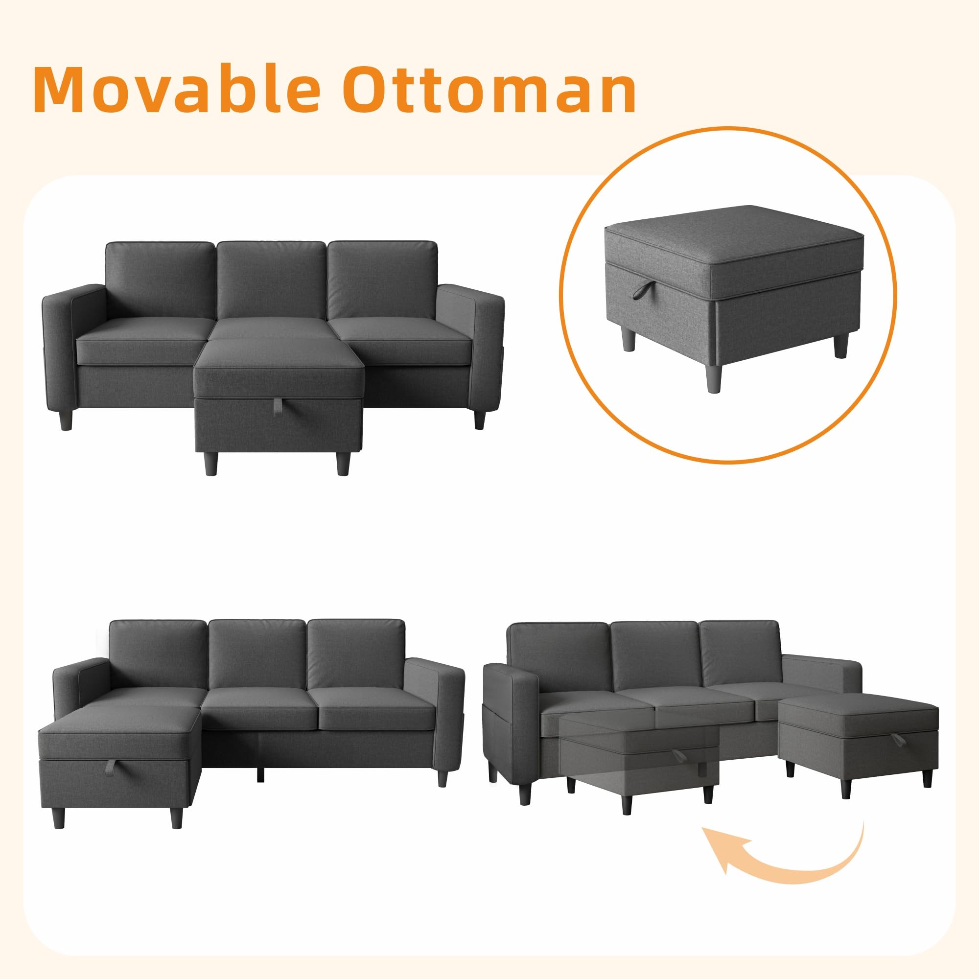 Sectional Sofa Couches for Living Room - 78'' Dark Grey 3 Seat L-Shaped Couch with Storage Ottoman, Modern Linen Convertible Sectionals Sofas with Chaise for Apartment, Office, Small Space